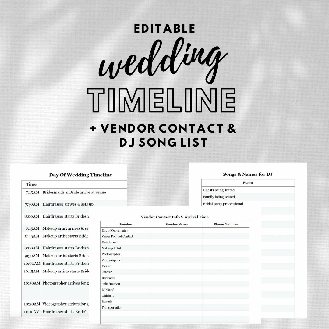 Editable Day of Wedding Timeline + Vendor Sheet & DJ Song List - Etsy