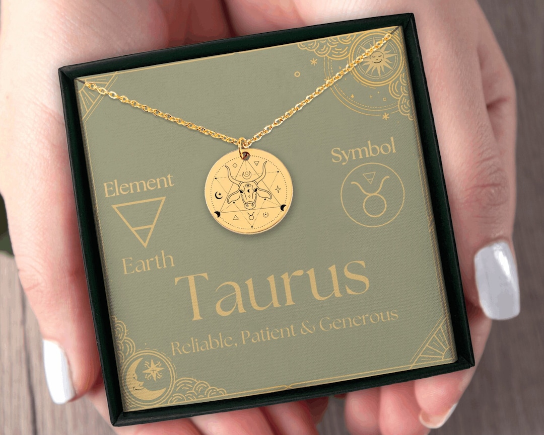 Taurus Necklace, Gold Coin Zodiac Necklace, Engraved Taurus Jewelry ...