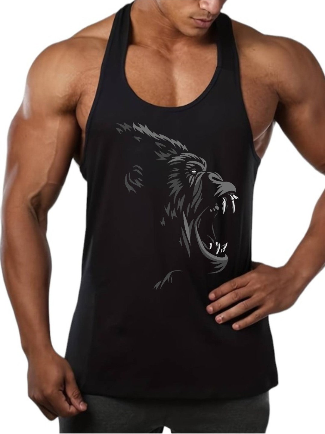 Gorilla Roar Face Men Gym Bodybuilding Weightlifting Tank Top Stringer ...