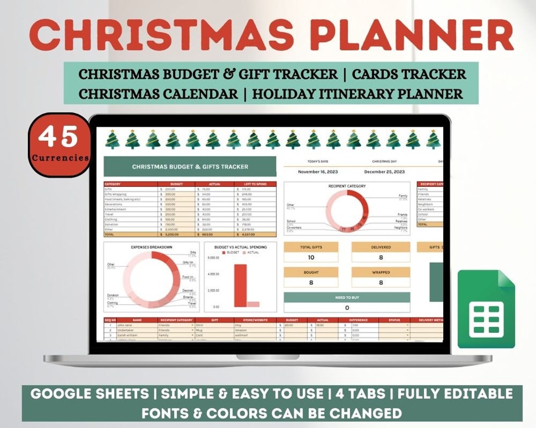 Christmas Planner, Budget Spreadsheet, Google Sheets Template, Digital ...