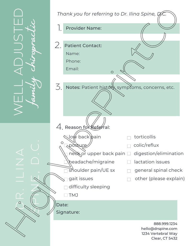 Chiropractic Care Referral Pad for Medical Doctors MD - DIGITAL Print ...