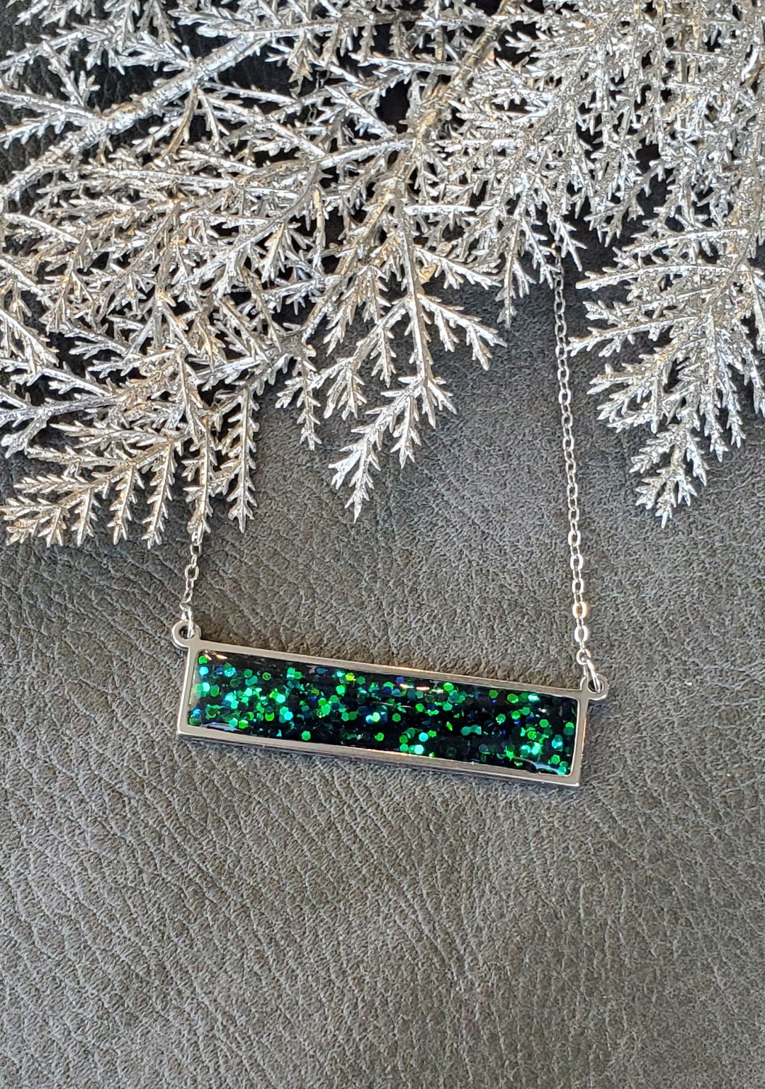Green Glitter Rectangle Necklace - Etsy