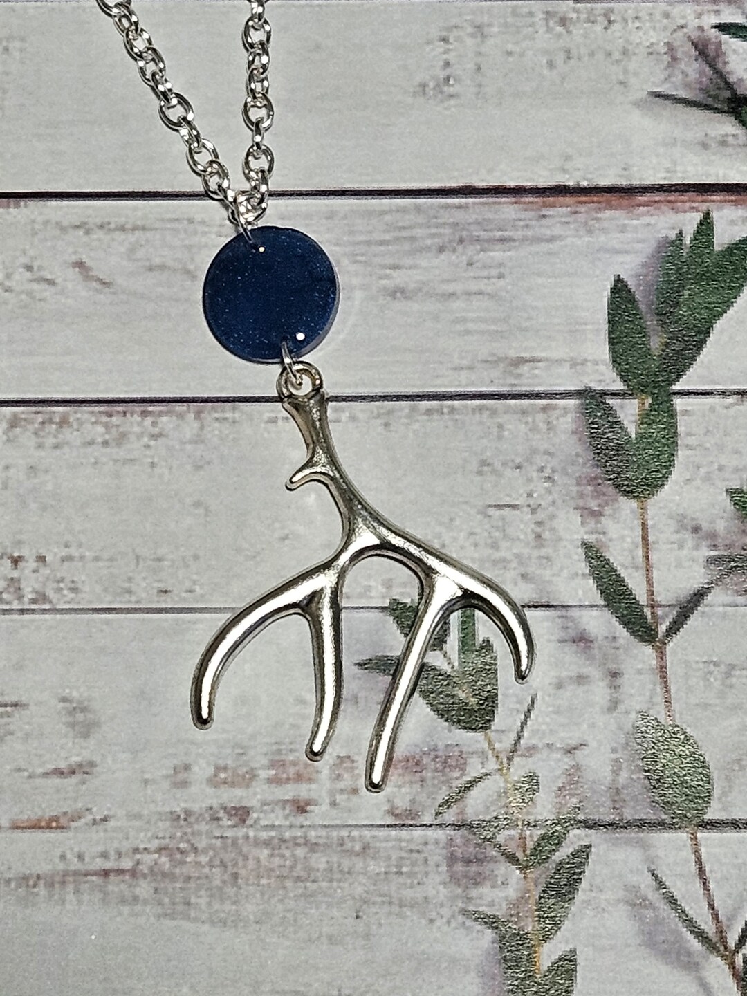 Blue Circle and Deer Antler Pendant - Etsy