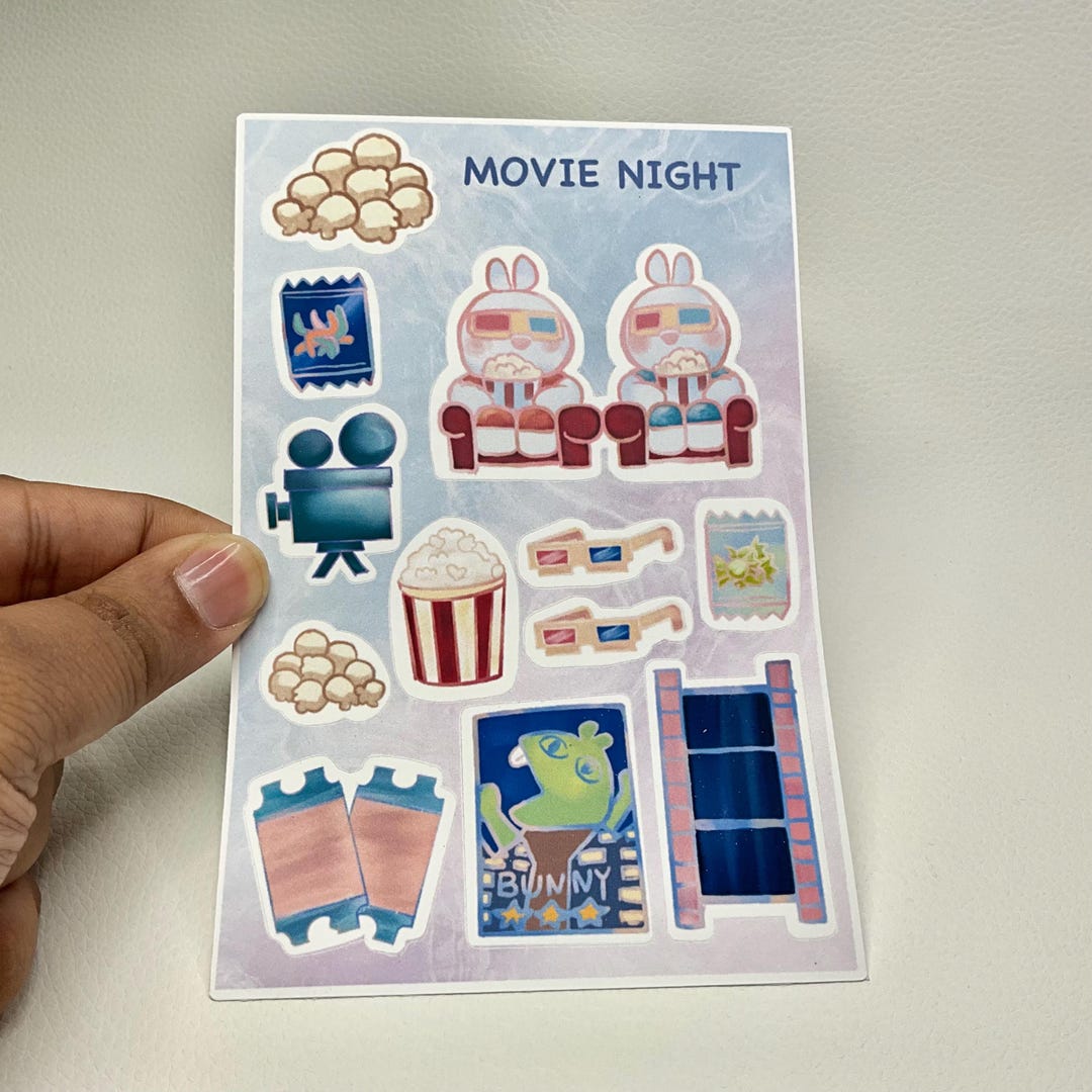 Movie Night Stickers, Cinema Sticker Sheet, Bunny Stickers, Waterproof ...