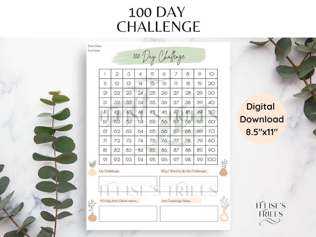 100 Day Challenge Goal Tracker Printable Digital Template - Etsy