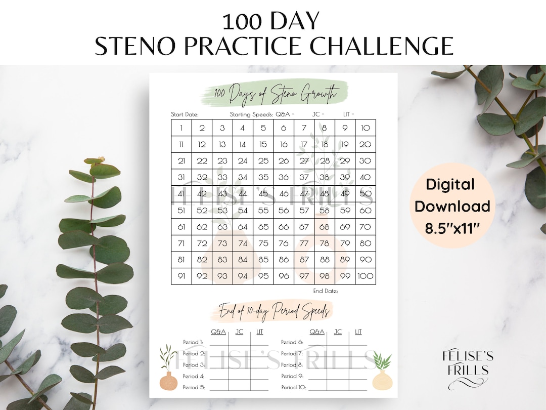 100 Day Steno Practice Challenge Tracker | Court Reporting Student ...