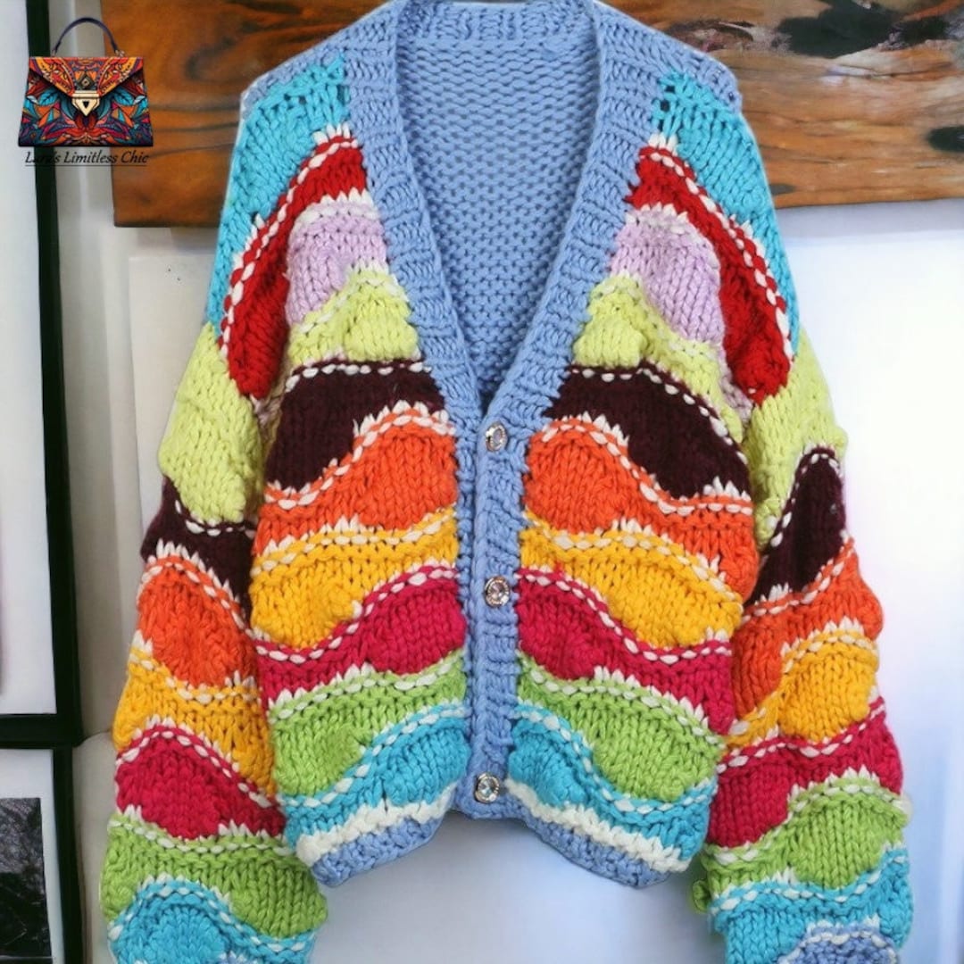 Rainbow Cardigan, Colourful Knitted Cardigan, Multicolour Jumper, Thick ...
