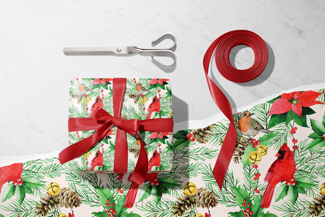Christmas Cardinal Red Bird Gift Wrap, Vintage Elegant Holiday Bird ...