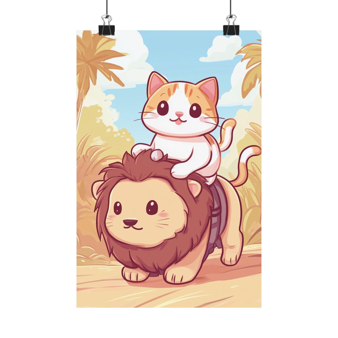 Calico Cat Riding African Lion Cartoony Matte Poster, Cat Lover Gift ...