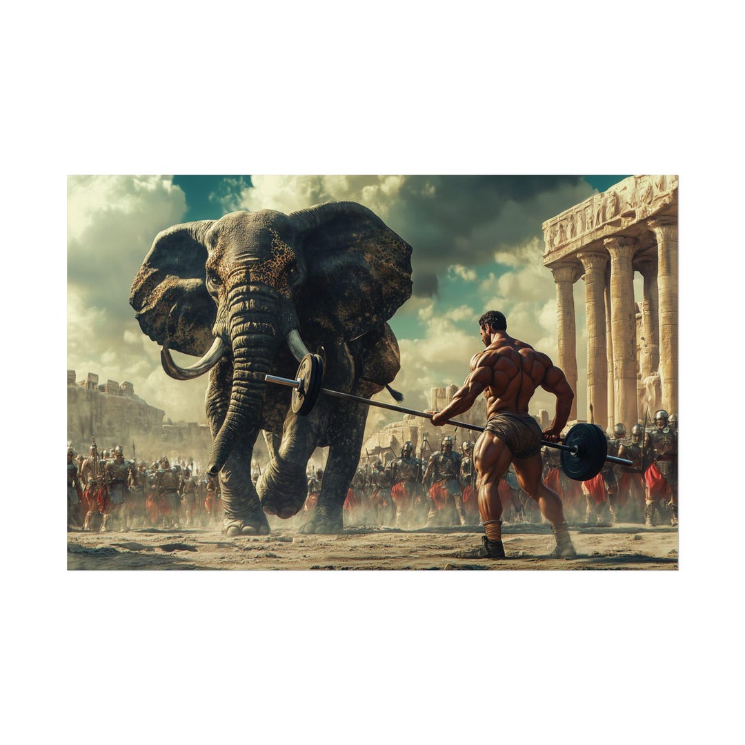 Ancient Warrior Bodybuilder Vs Elephant Poster, Barbell Weightlifting ...