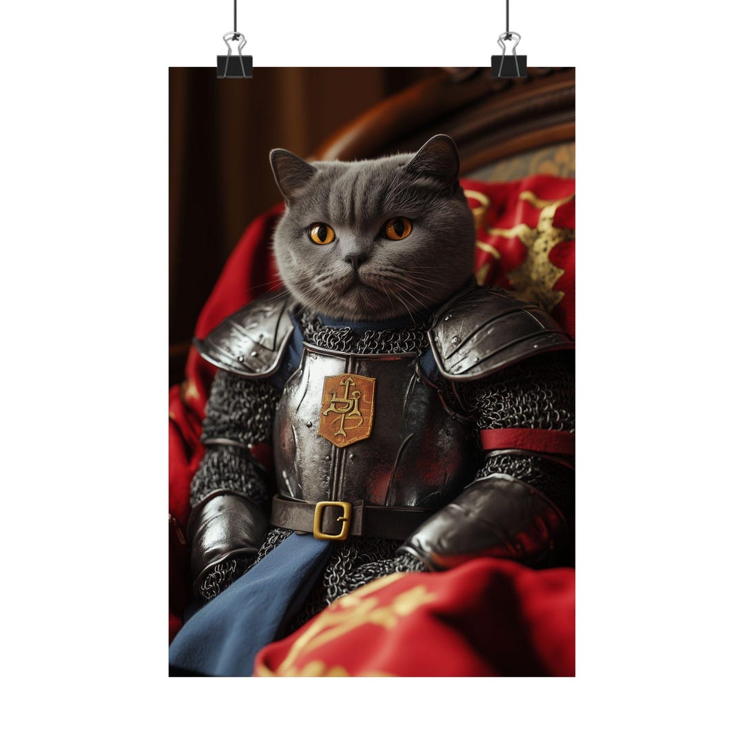 Gray Grey British Shorthair Cat Cosplay Knight Poster, Medieval Cat Art ...