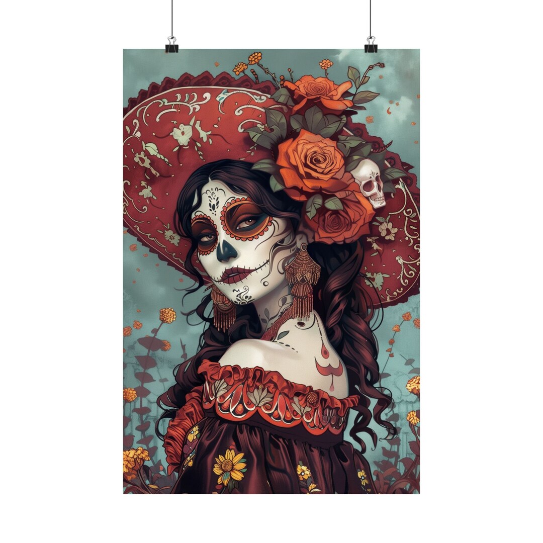 Red Hat Lady Cartoon Poster Dia De Muertos Art Print, Blooming Elegance ...