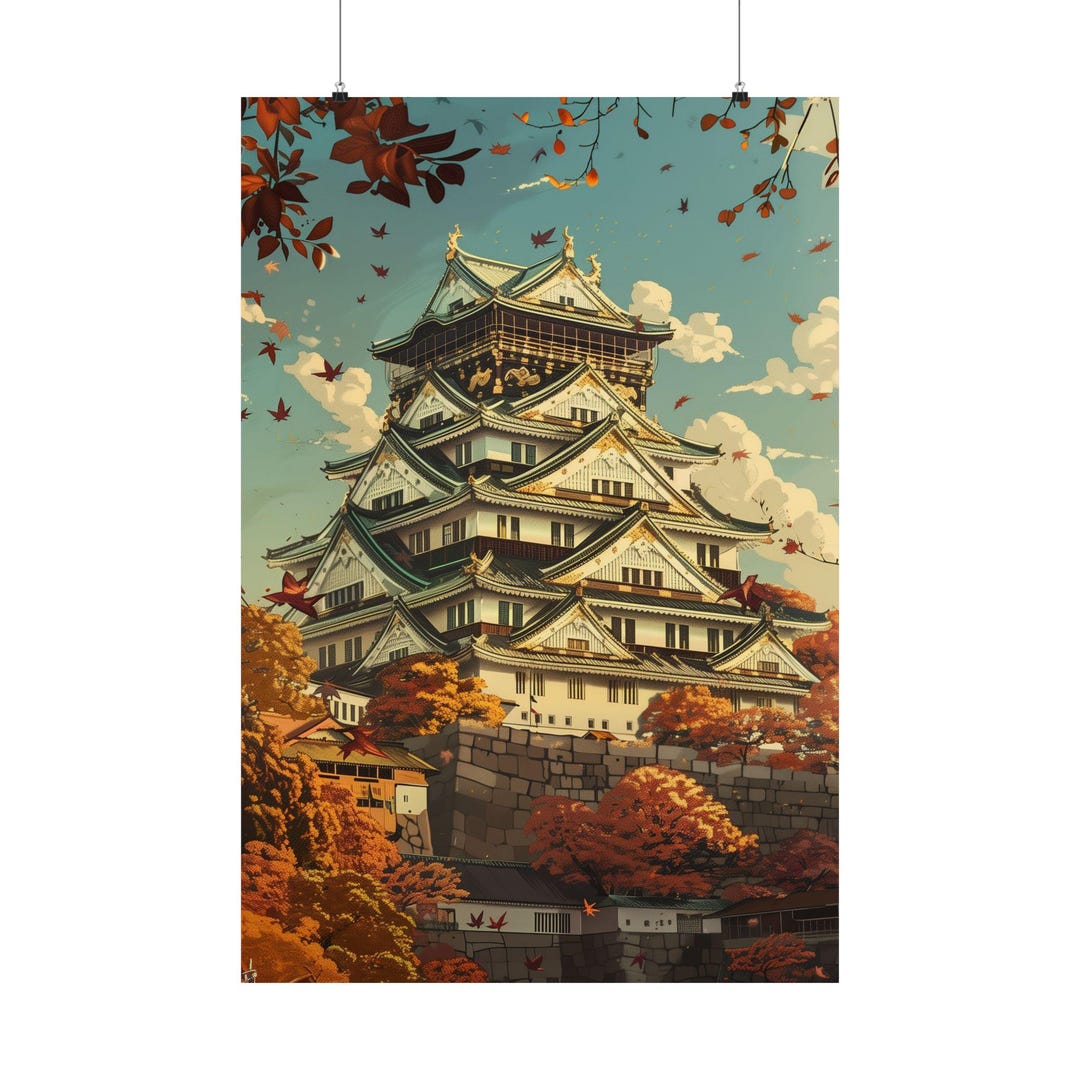 Colorful Osaka Castle Cartoon Poster, Autumn Japan Travel Art, Fall ...