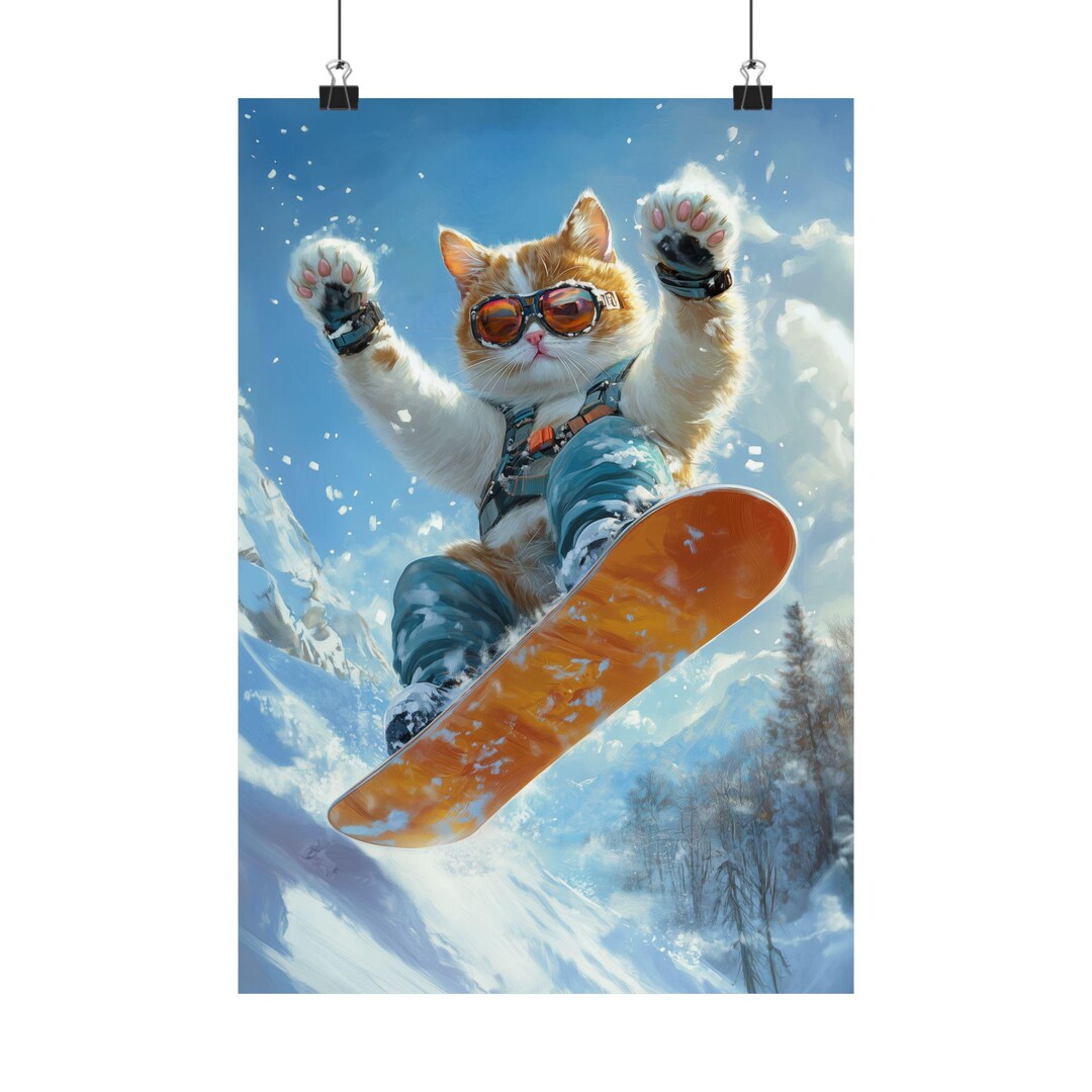 Snowboarding Cat British Shorthair Jump Matte Poster, Cat Lover Poster ...