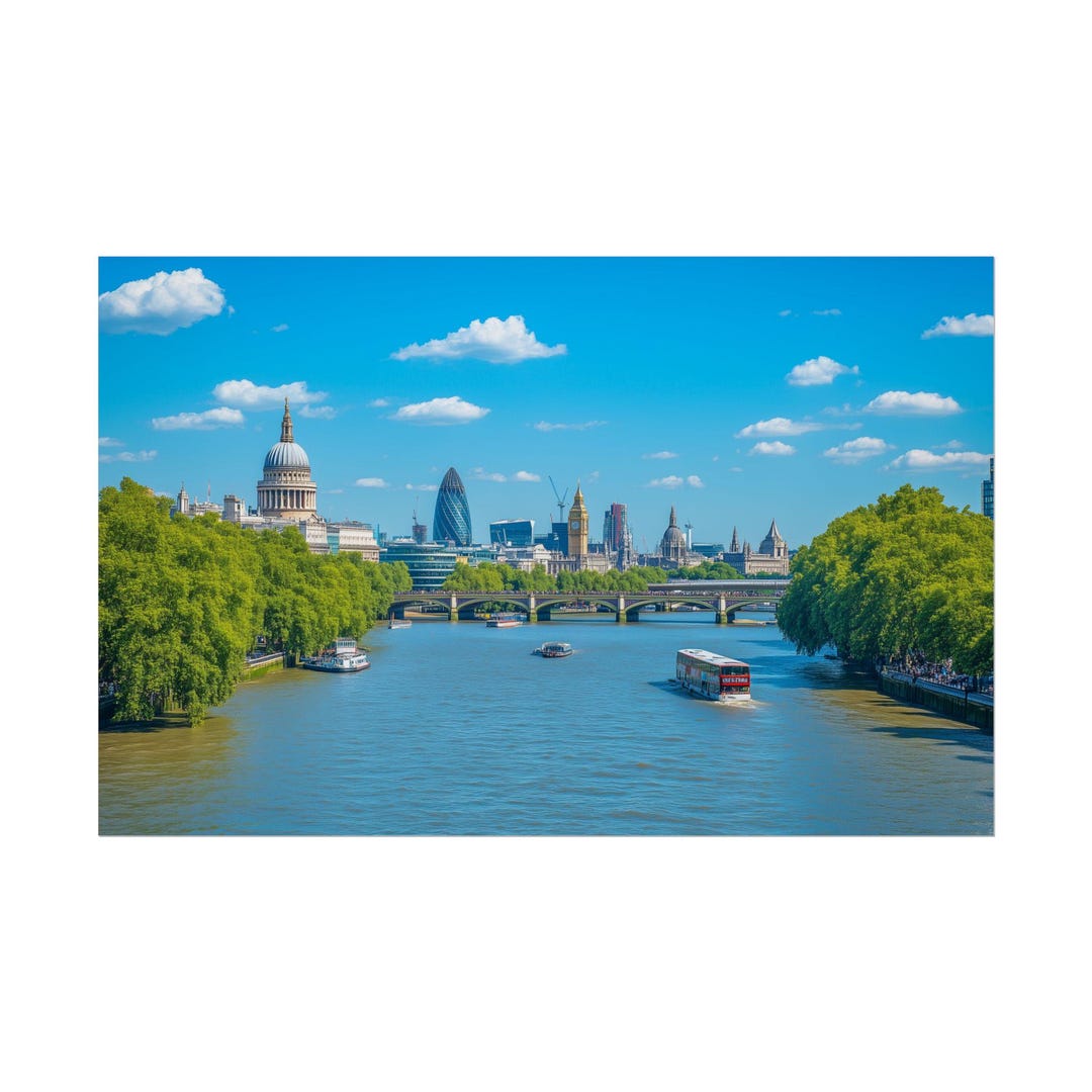 London Landscape Print With Double Decker Bus in Thames River, UK Wall ...