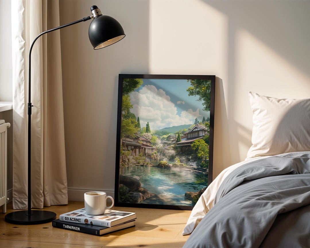 Japan Onsen Wall Decor, Beppu Oita Skyline Art, Sunny Day Painting ...