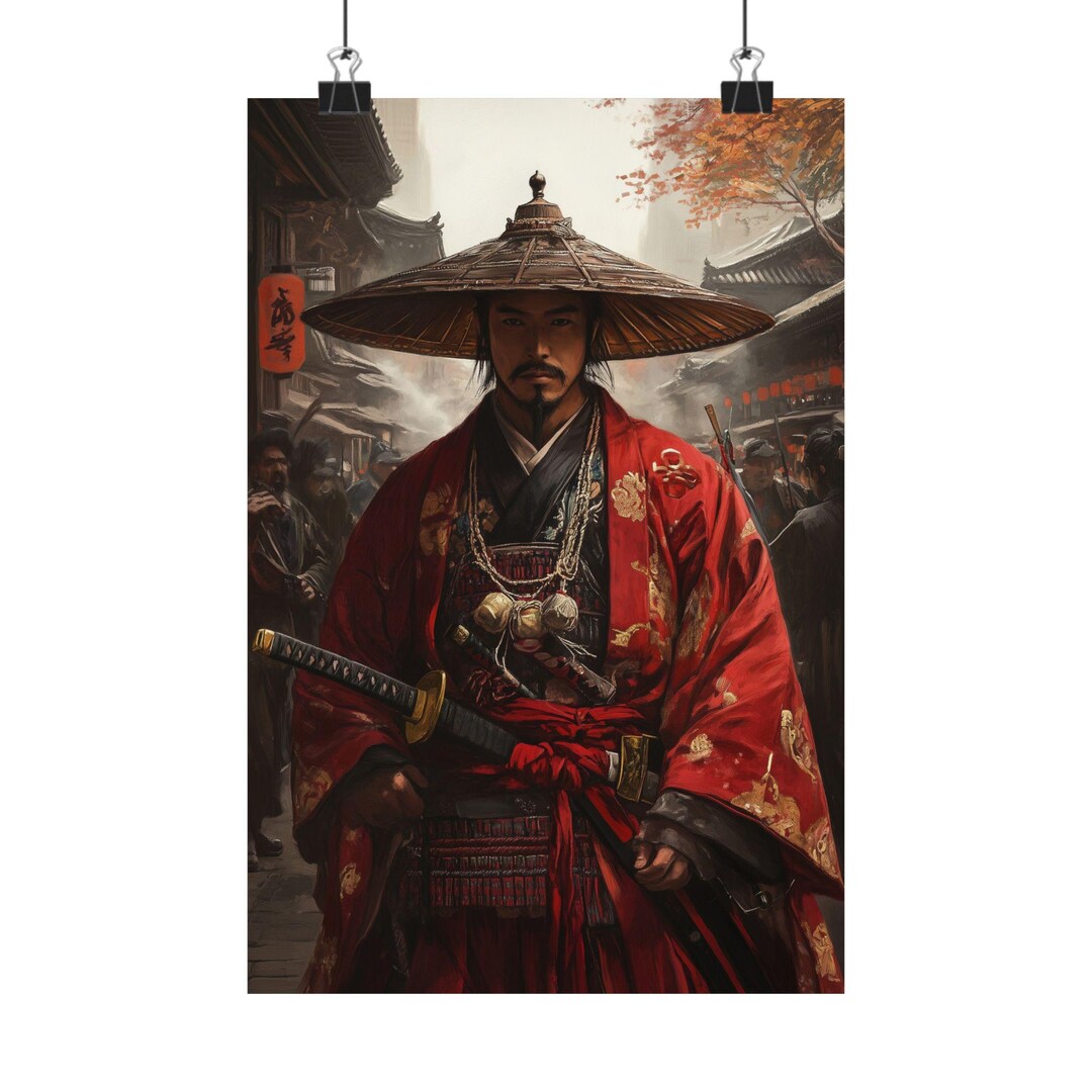 Meiji Era Samurai Wall Art | Red Robe Warrior | Japanese Straw Hat ...