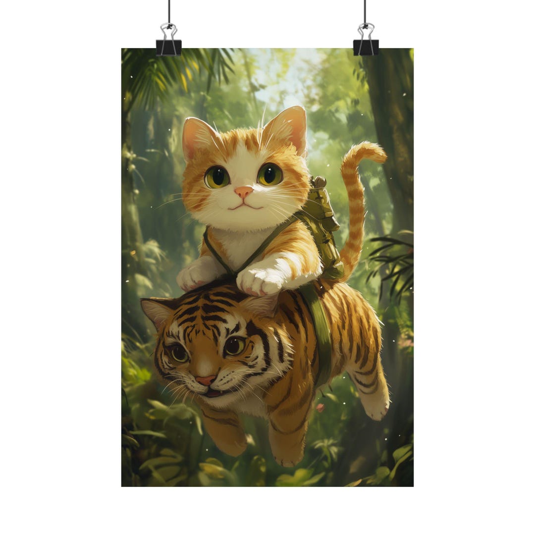 Calico Cat Riding Tiger Poster, Cute Cartoon Animals Print, Whimsical ...