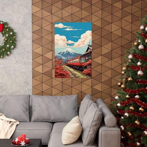 Red Train at Japanese Station Poster, Travel Wall Art, Fuji Train Stop ...