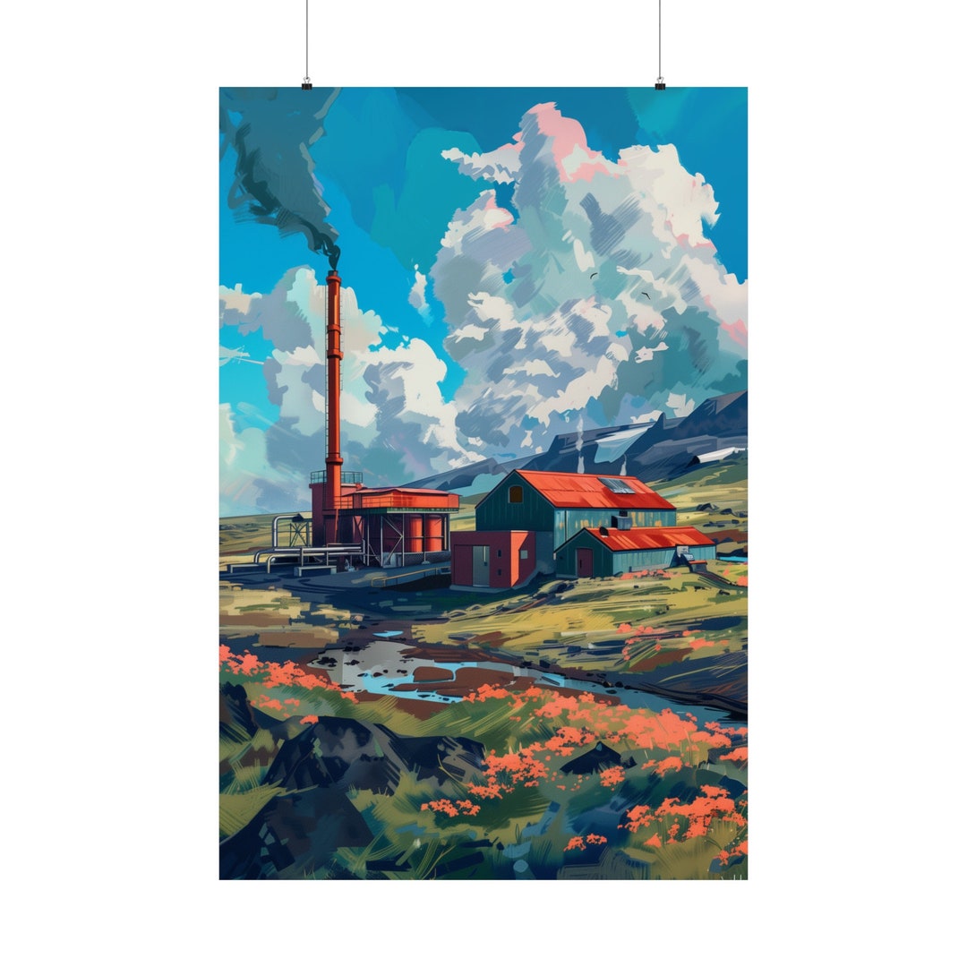 Geothermal Energy Plant Poster, Bright Colors Cartoon Art, Anime Style ...