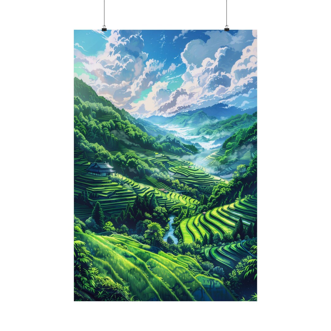 Anime Rice Paddies Clear Skies Poster, Japanese Art Print, Wall Decor ...