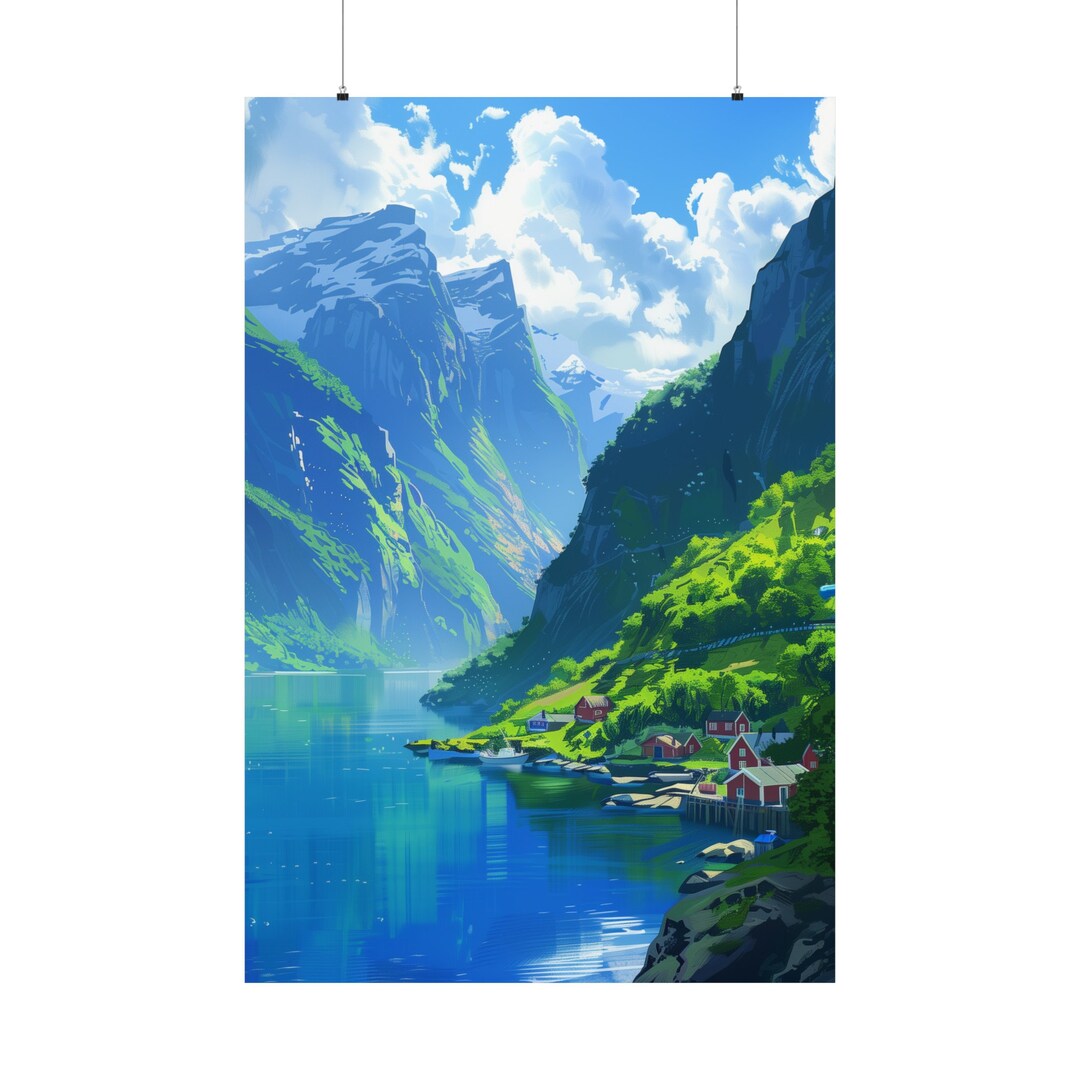 Fjord Fantasy: Norwegian Fjords Clear Water and Skies Anime Cartoon ...