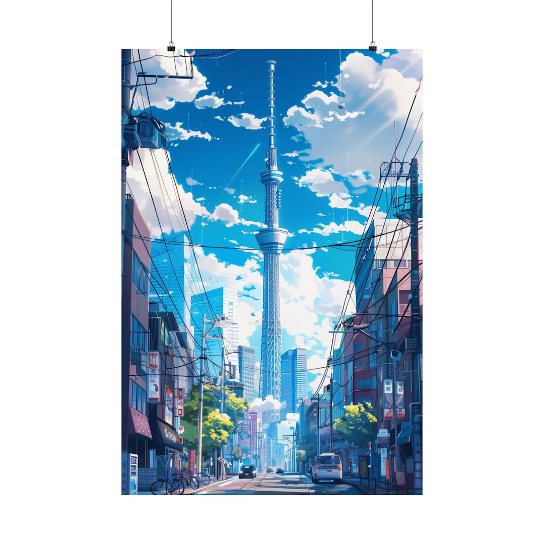 Anime Tokyo Tower Clear Skies Poster, Bright Colors Sunny Day Wall Art ...
