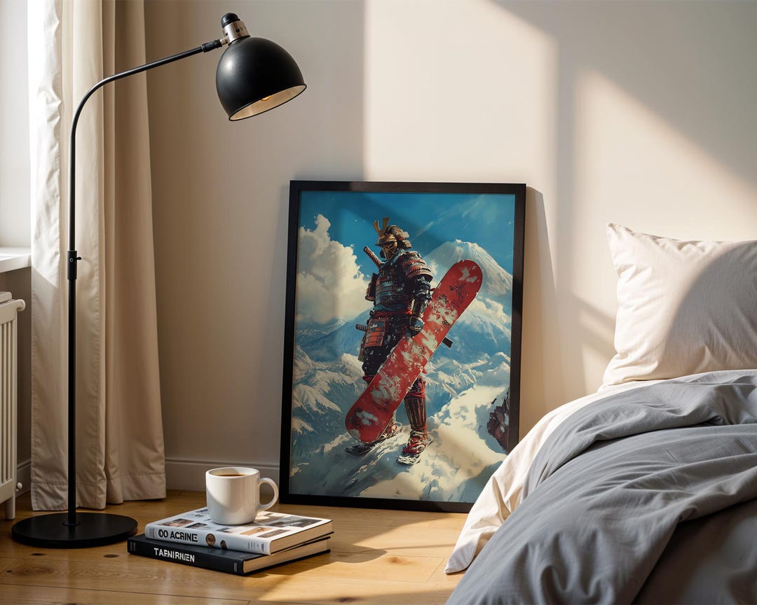 Japanese Samurai Wall Art, Snowboarding Decor, Winter Mountain Scene ...