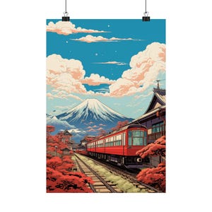 Red Train at Japanese Station Poster, Travel Wall Art, Fuji Train Stop ...