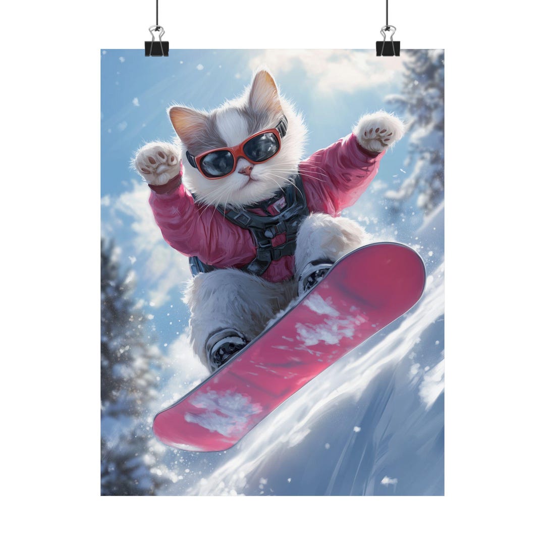 British Shorthair Cat Snowboarding Jump Matte Poster, Cat Snowboarder ...