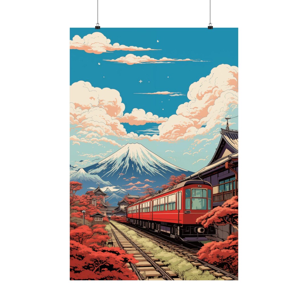 Red Train at Japanese Station Poster, Travel Wall Art, Fuji Train Stop ...
