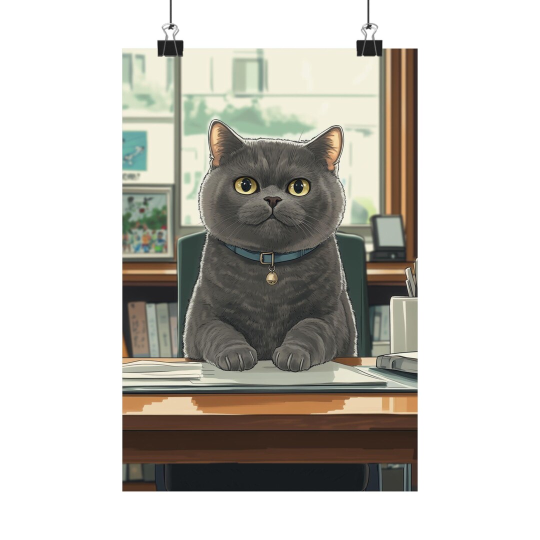 Office Desk Cat Poster, British Shorthair Print, Anime Style Wall Art ...