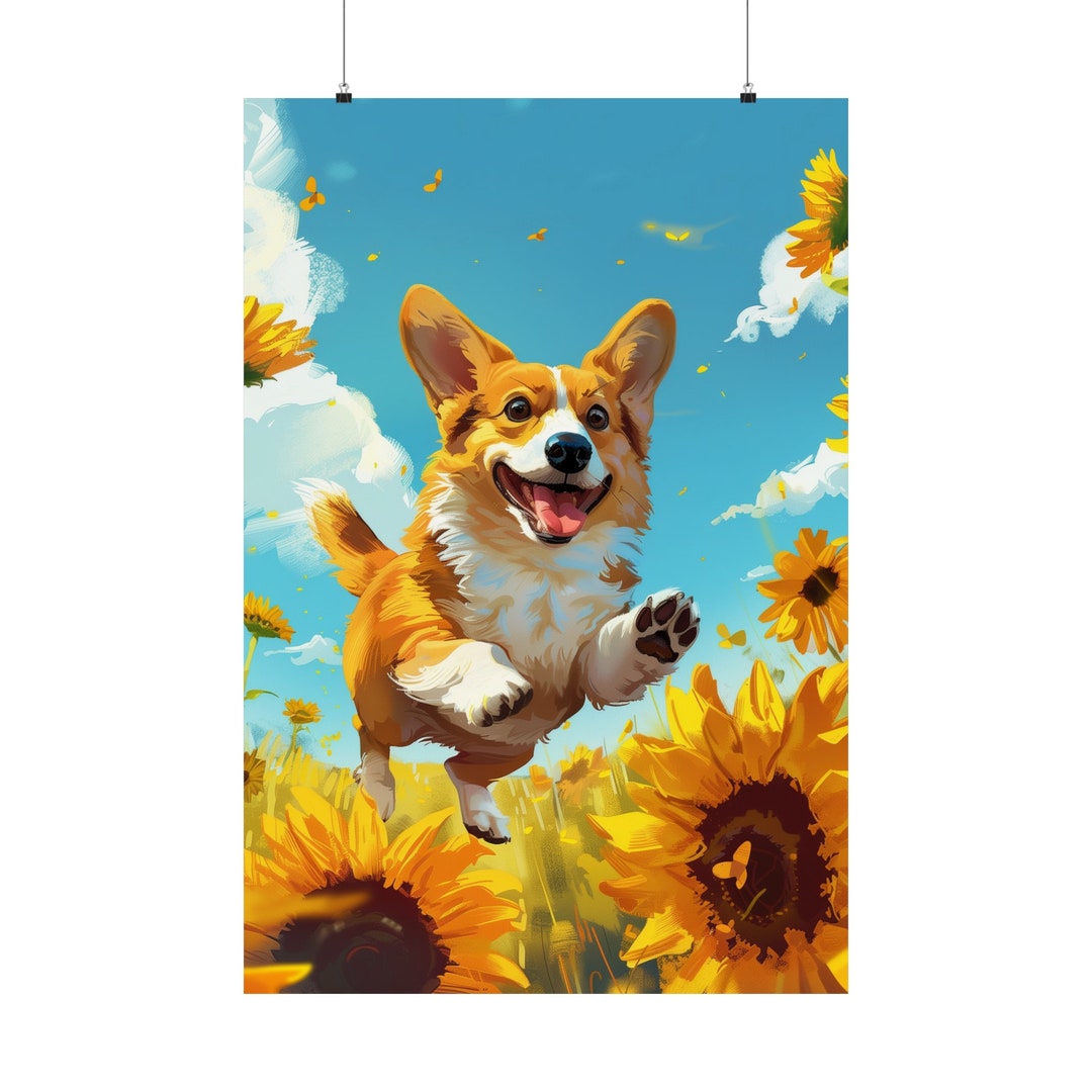 Cheerful Corgi Chasing Sunflowers Poster! - Etsy