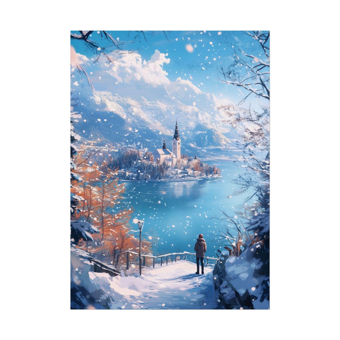 Sparkling Magic Lake Bled Poster, Winter Wonderland Print, Slovenia ...