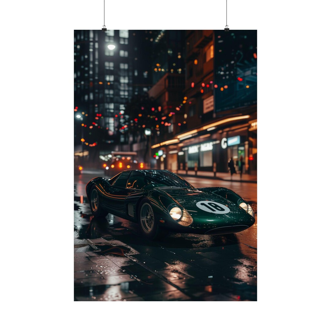 Road in Modern City at Night Vintage Green Car Poster, Old Town Road ...