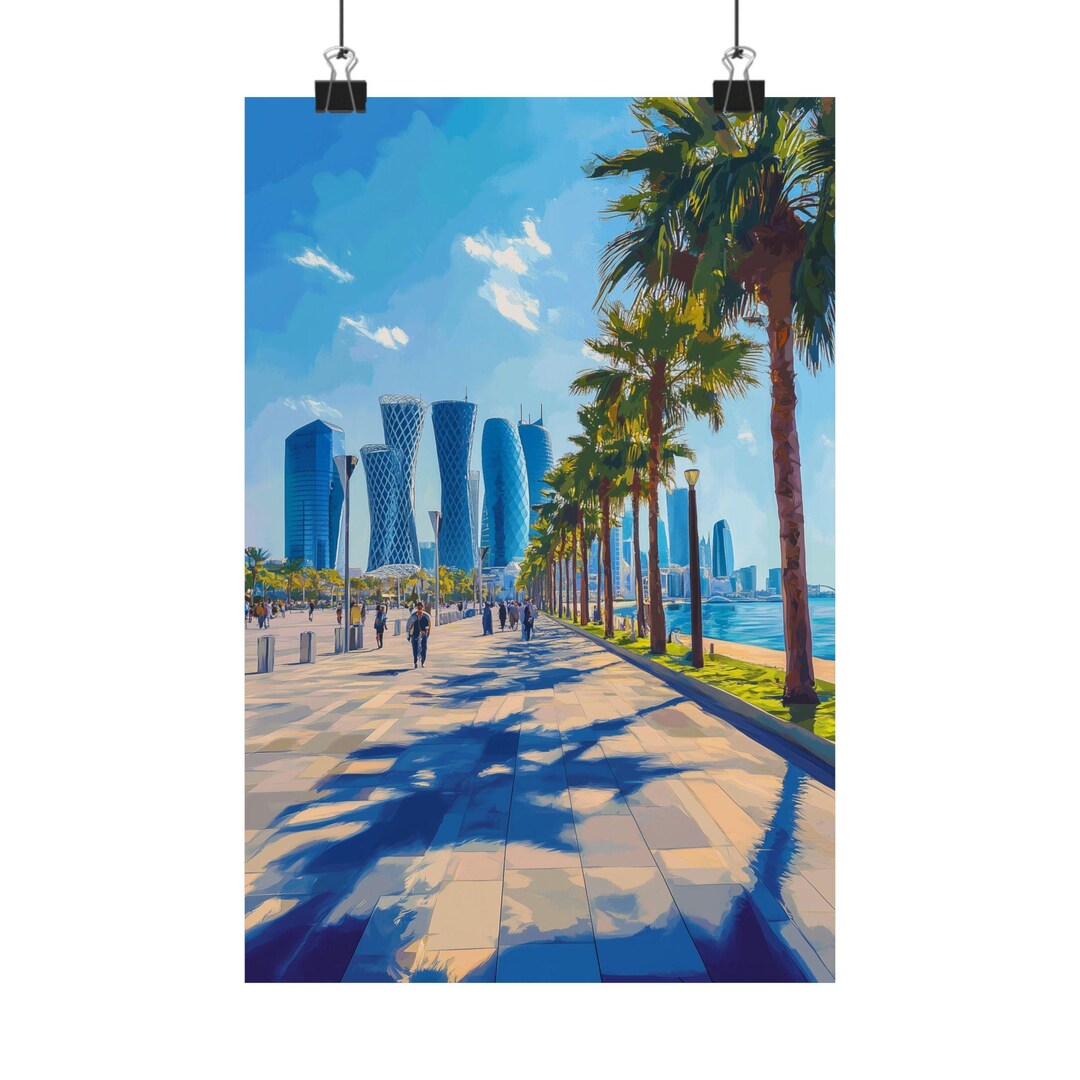 Doha Qatar Skyline Wall Art | Modern City With Palm Trees | Middle East ...