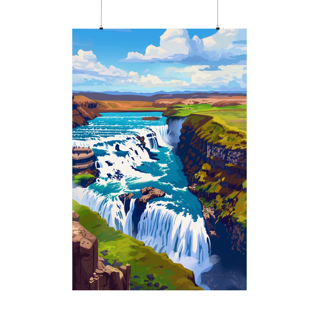 Glorious Cascades: Gullfoss Waterfall Anime Travel Poster Capture the ...