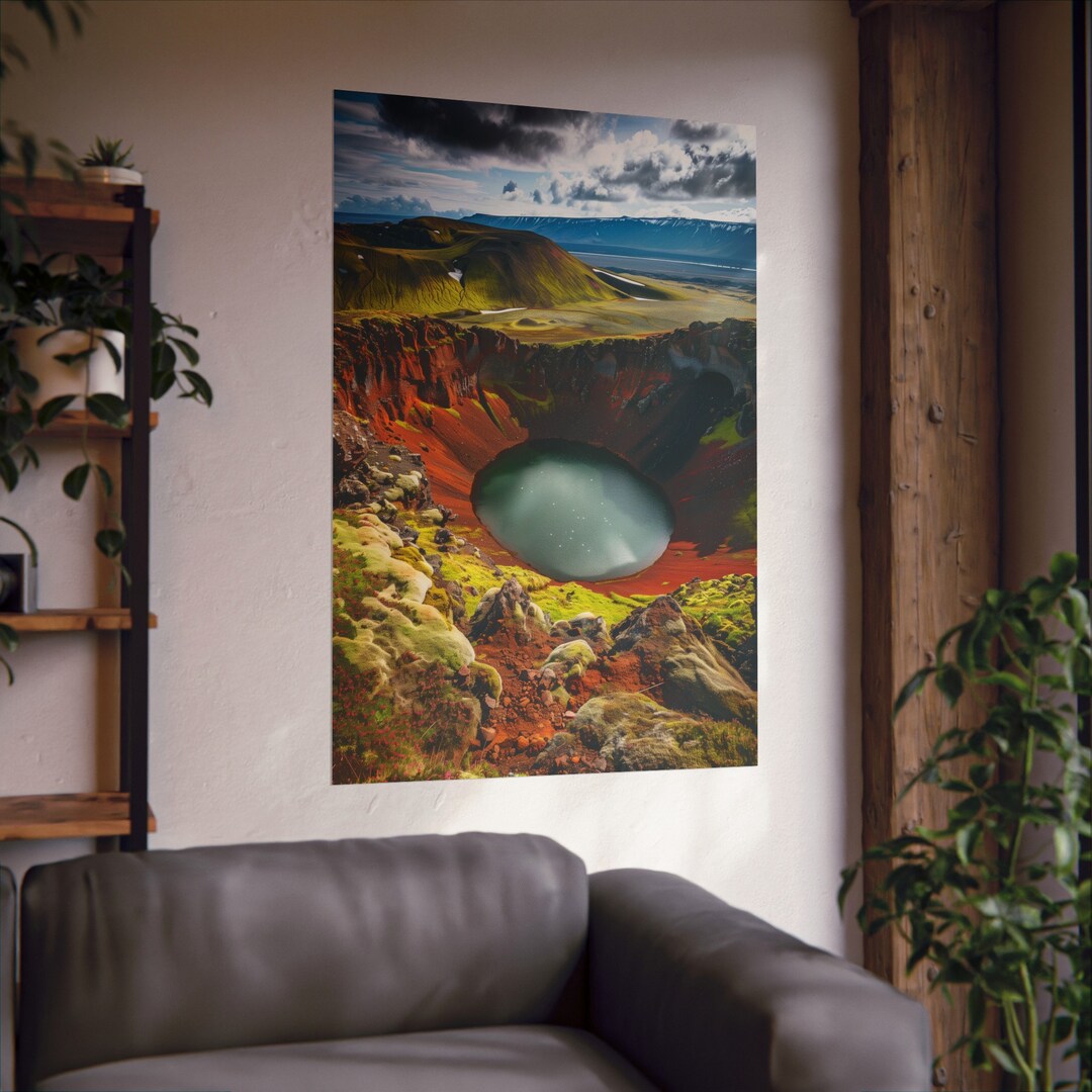 Keri Crater Iceland Poster, Bright Colors Anime Style, Wall Art Decor ...