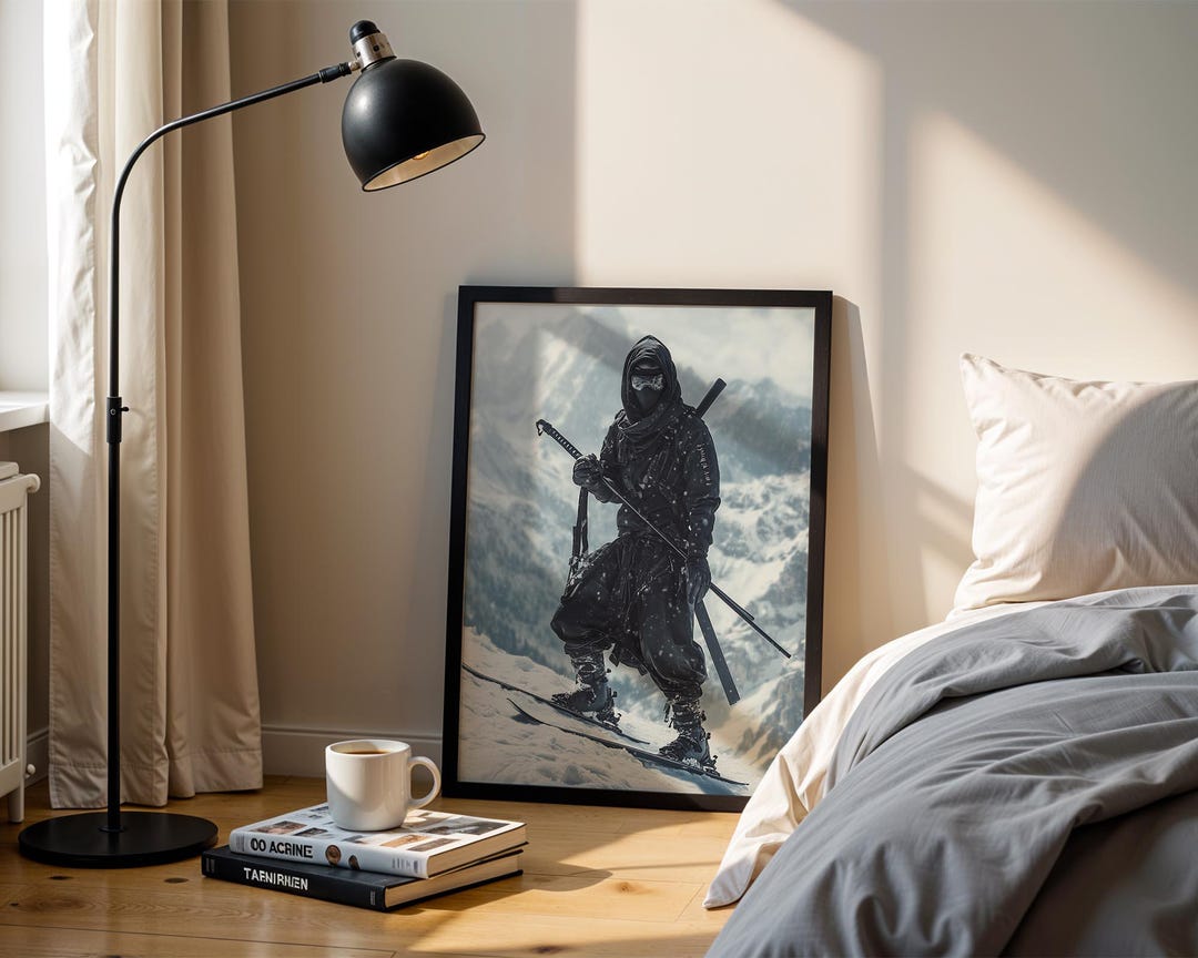 Japanese Ninja Skiing Wall Art, Ninja in Snow Mountains Print, Skiing ...