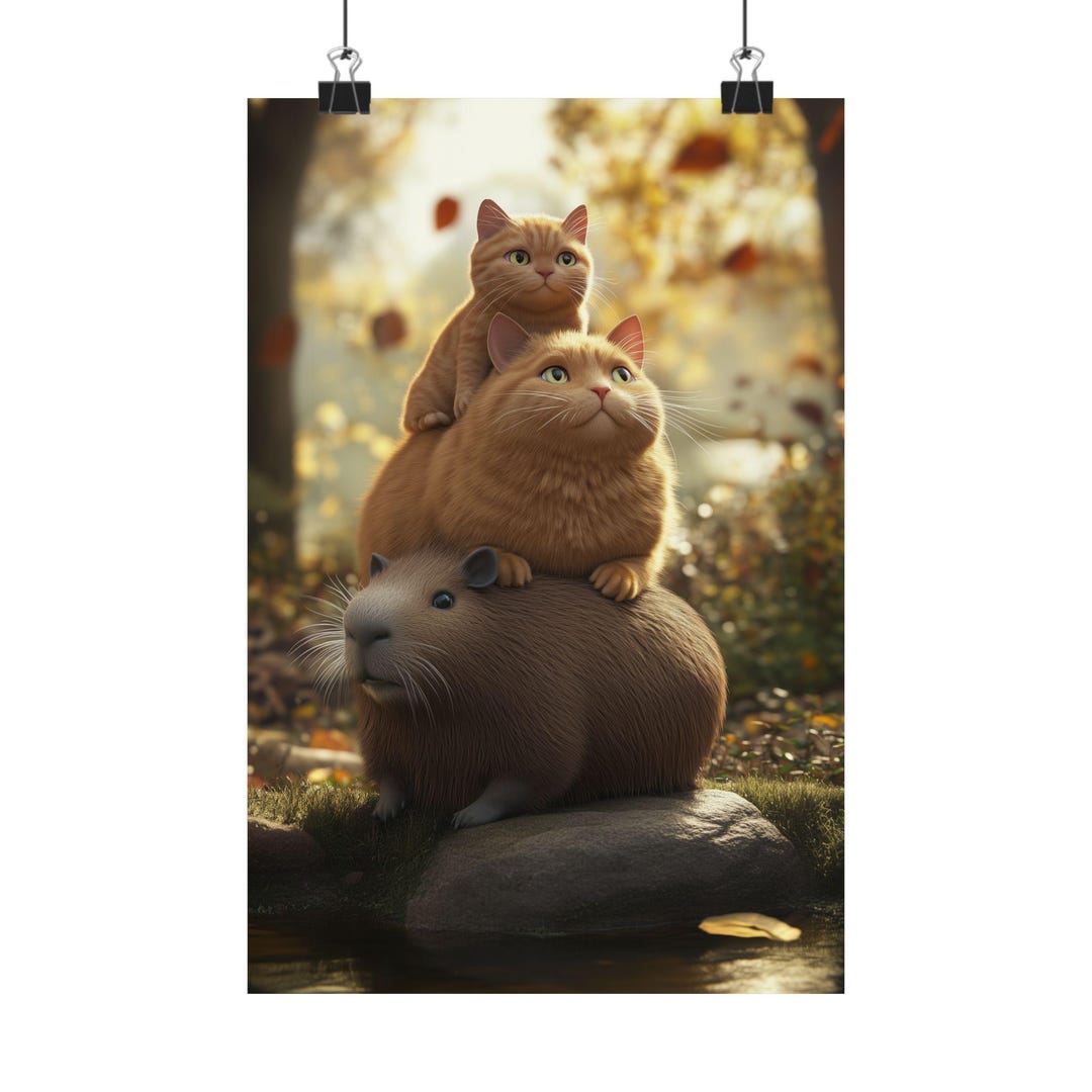 Capybara and Cat Matte Poster Wall Art, Animal Friendship Decor ...