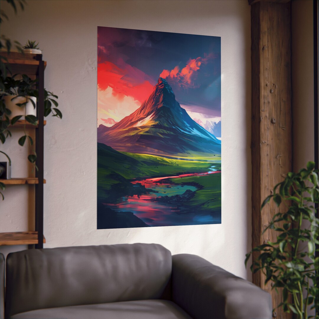 Iceland Kirkjufell Mountain Aerial View Poster, Anime Cartoony Style ...