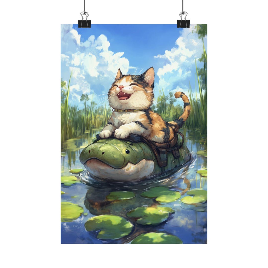 Calico British Shorthair Cat Riding Tortoise Matte Poster, Cartoon ...