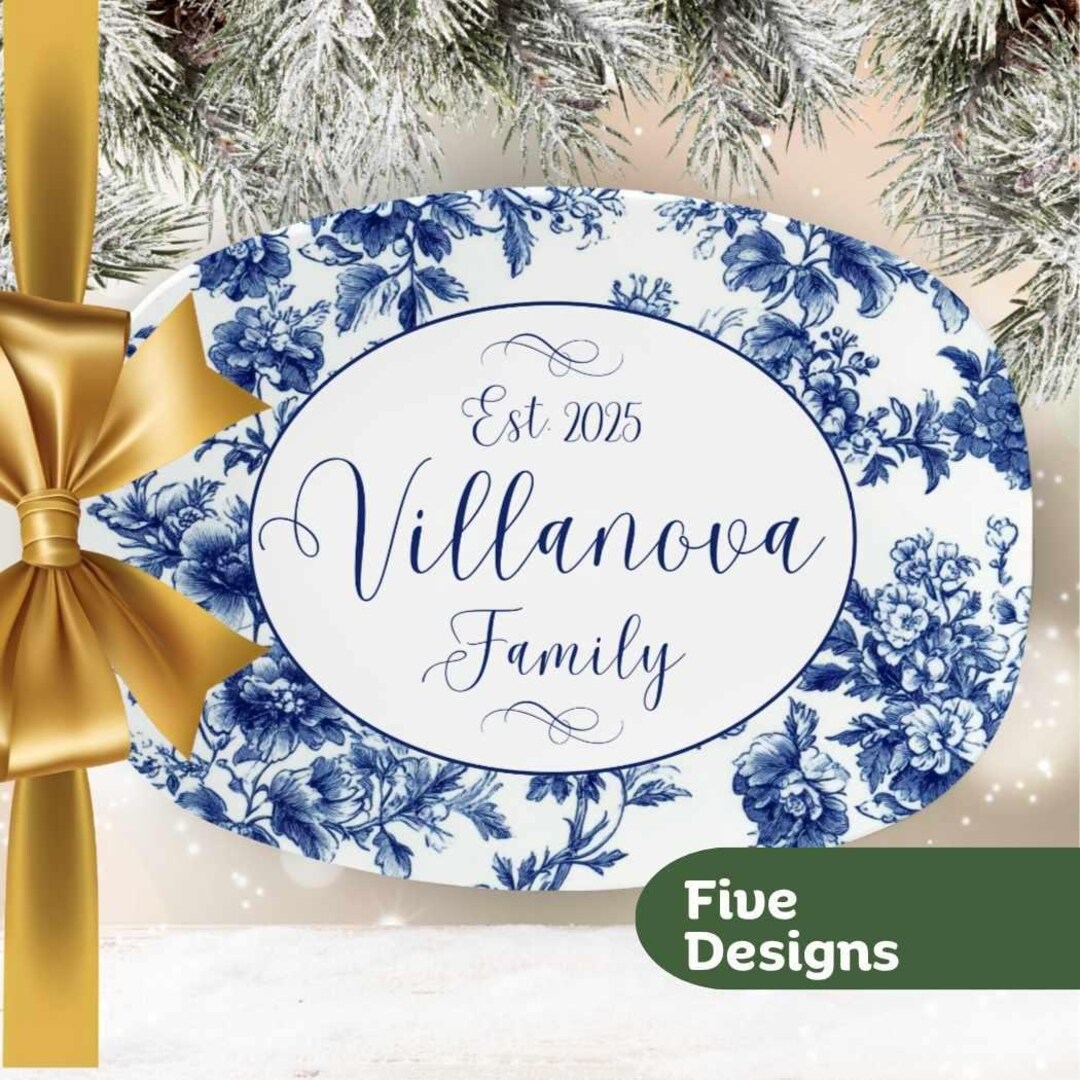 Personalized Family Name Serving Platter Gift Blue Toile Design, Custom ...