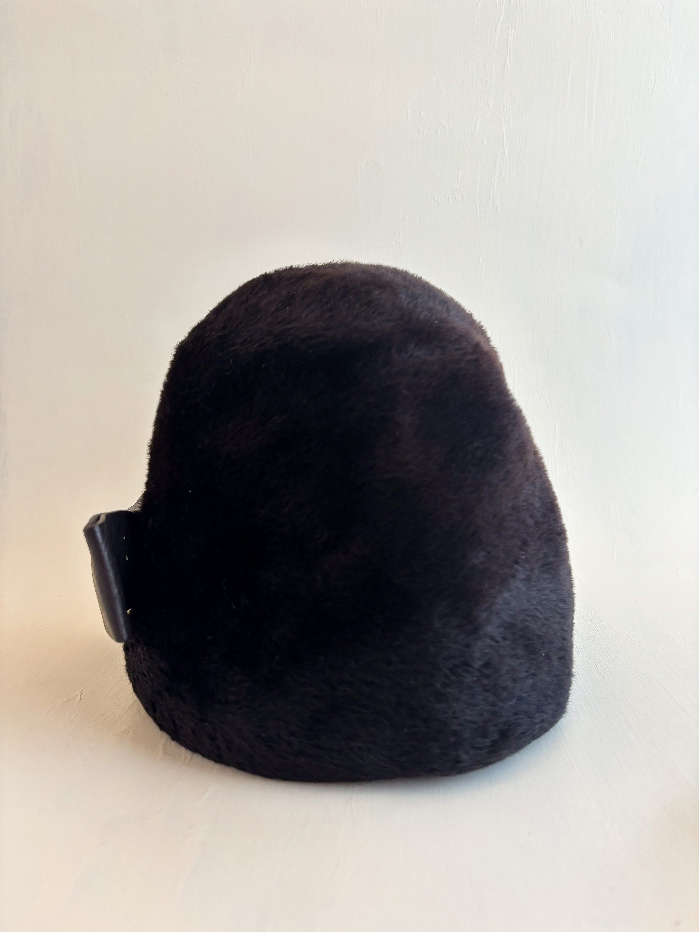 Vintage Black Faux Fur Musketeer Brand Cloche Hat With Leather Bow Made ...
