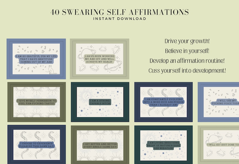 40 Swearing Affirmation Cards - Instant Download | ADHD Friendly - Etsy