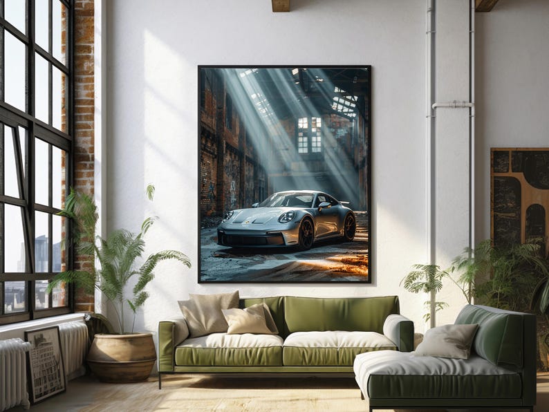 Porsche 911 Silver Wall Art | Industrial Warehouse Print | Masculine ...