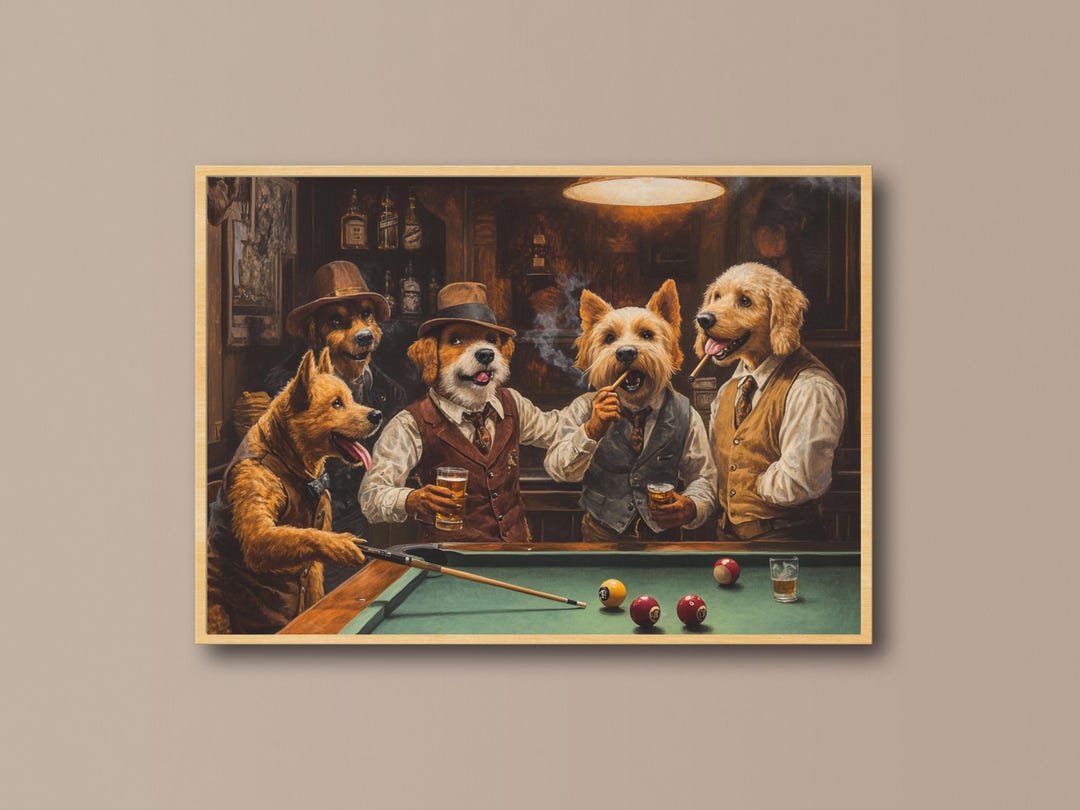 Dogs Playing Pool Wall Art - Vintage Painting Print | Funny Game Room ...
