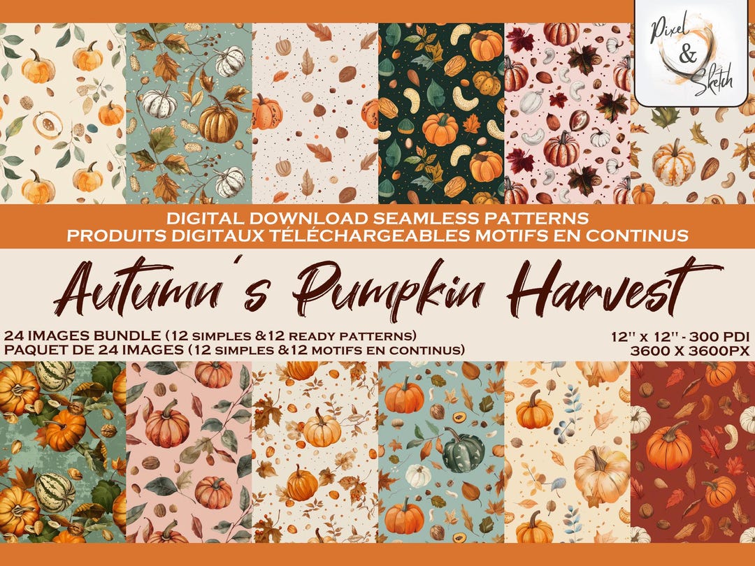 Leaves Autumn's Pumpkin Digital Paper, Seamless Pattern Bundle ...