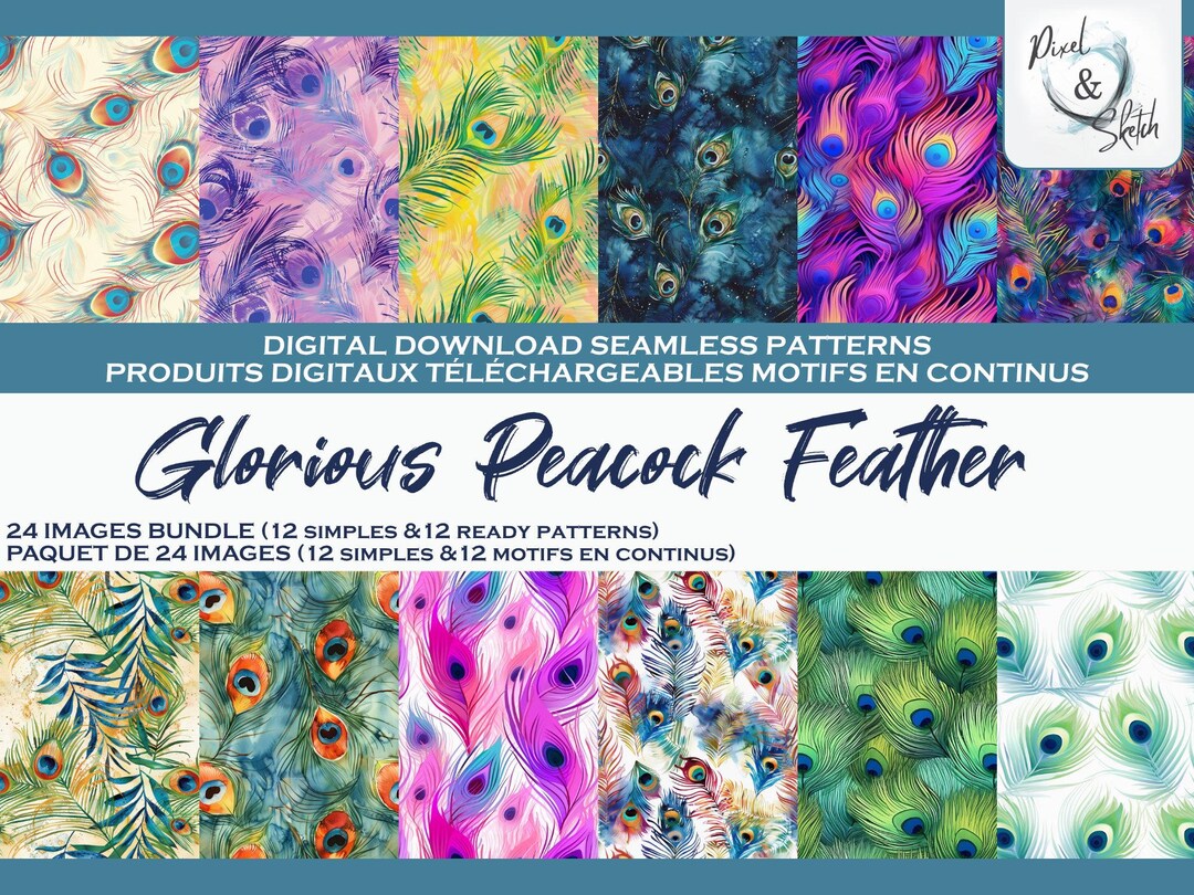 Peacock Feather Digital Paper, Seamless Pattern Bundle, Printable Paper ...