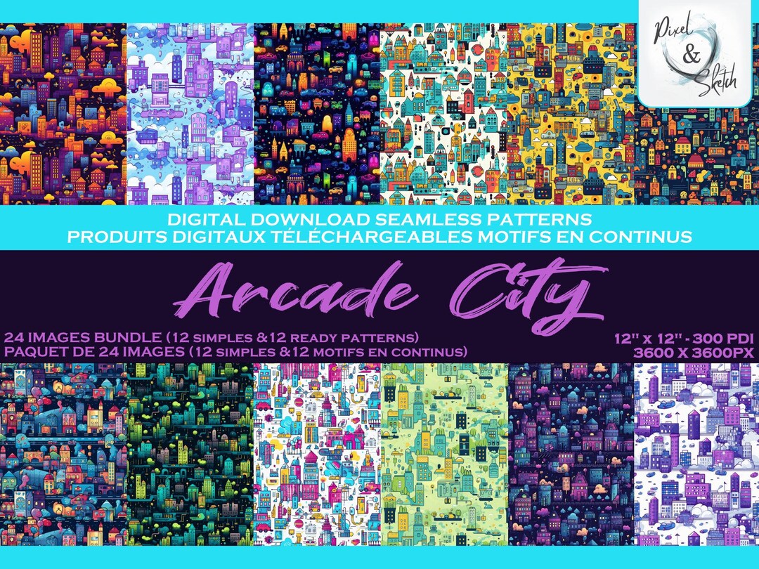 Arcade Neon Video Game Arcade City Seamless Pattern Bundle, Digital ...